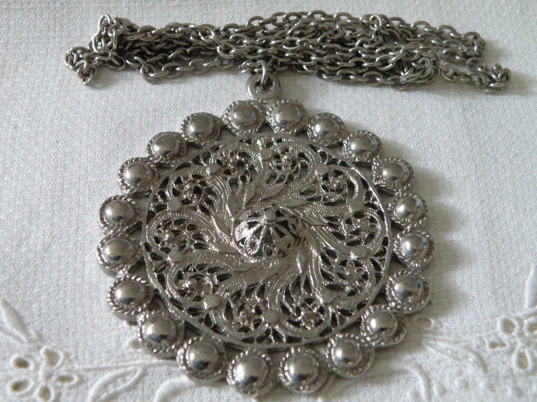 Vintage Silver Tone Filigree Pendant Necklace - 30 Inch - Etsy