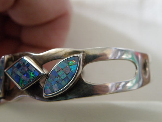 Modernist Mosaic Inlay Artisan Sterling Silver Cuff - Gem
