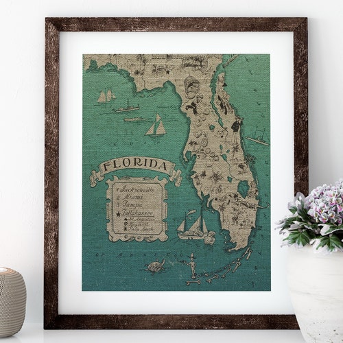 Blue Florida Map Linen Print for Framing Florida Artwork - Etsy