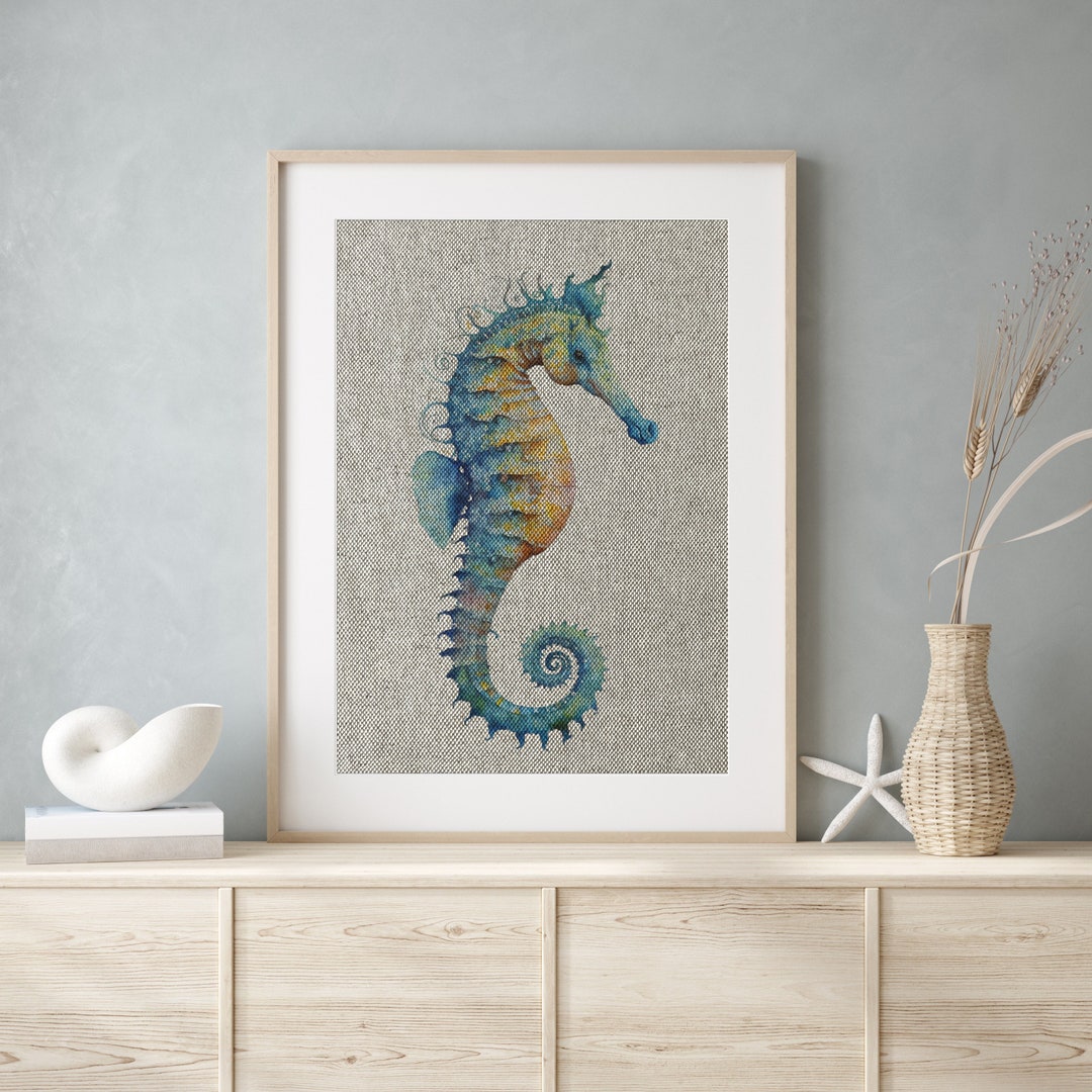 Seahorse Linen Art Print | Coastal Decor | Nautical Beach Wall Art ...