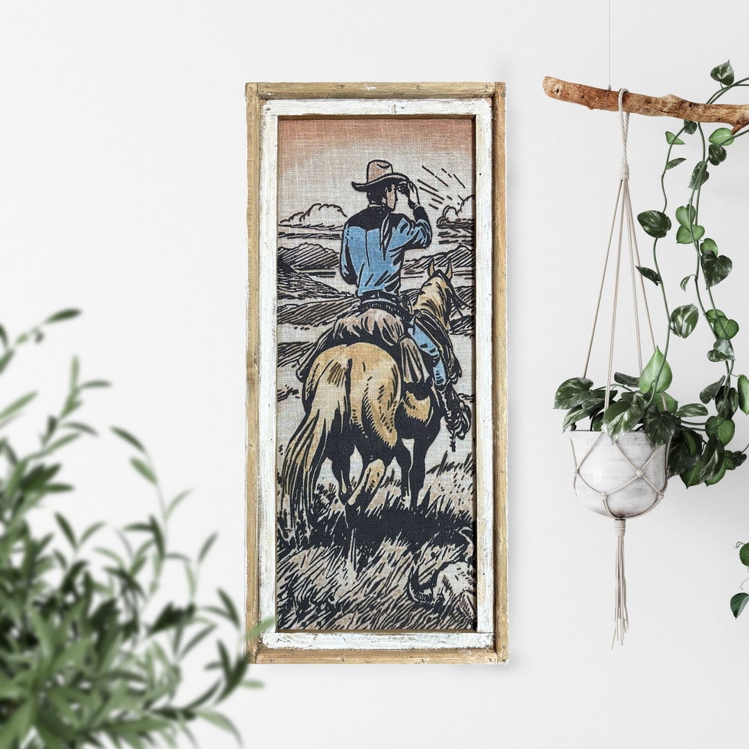 Western Cowboy Wall Art | 16" X 36" | Solid Wood Frame | Linen Wall ...