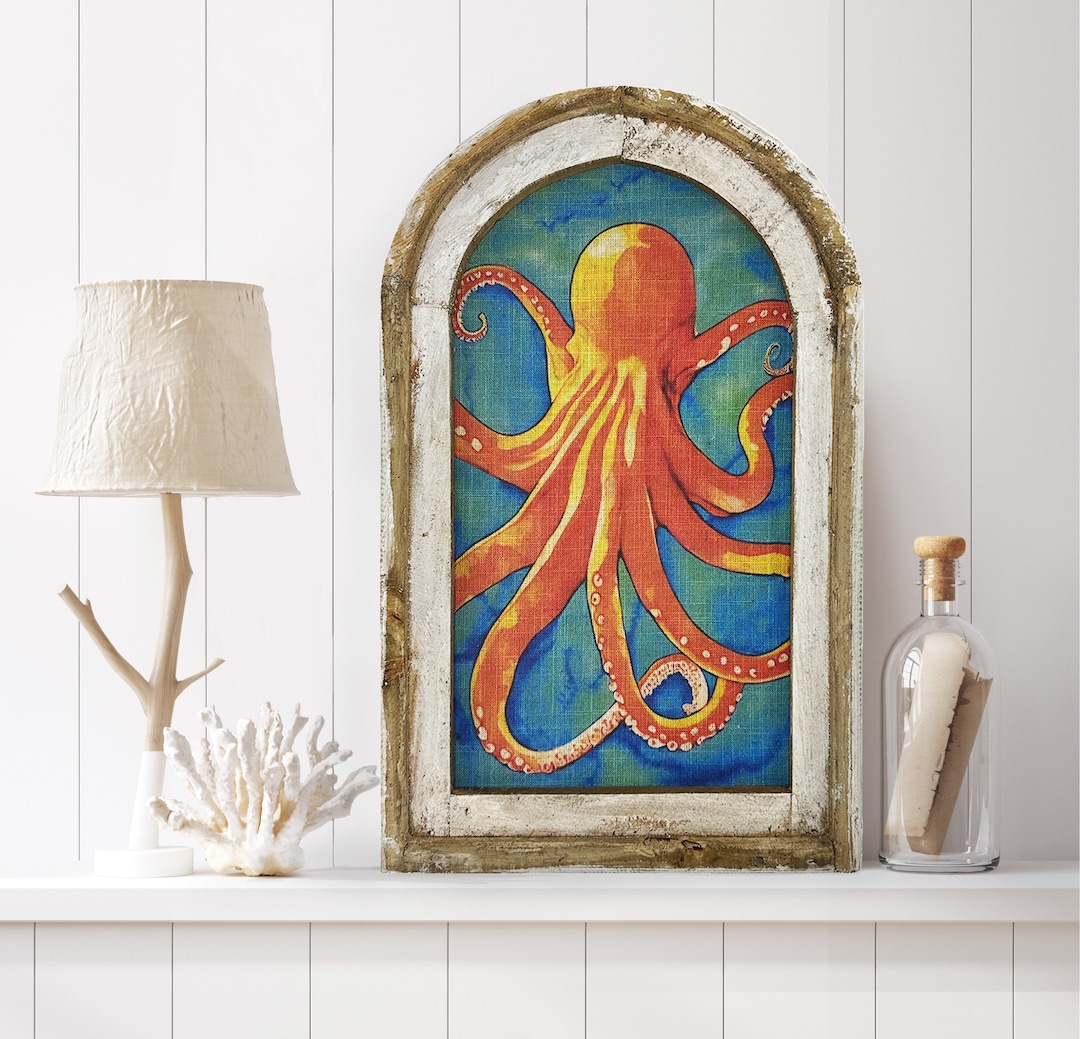 Octopus Wall Art | 14" X 22" | Arch Window Frame | Linen Wall Hanging ...