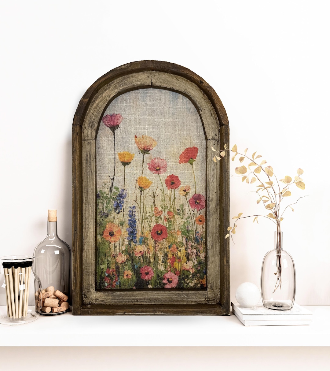 Flower Art in Arched Wood Frame | Farmhouse Botanical Wall Decor ...