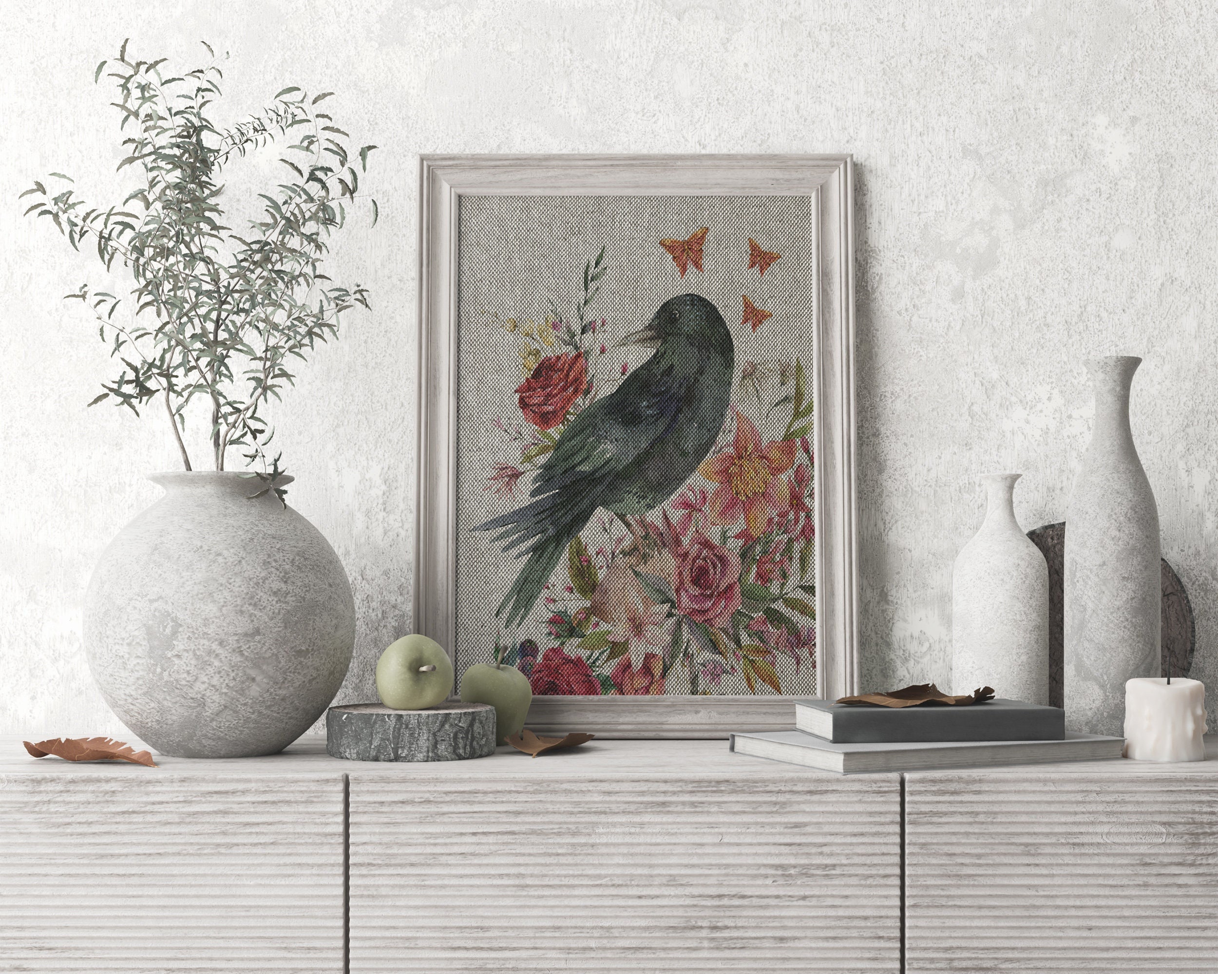 Raven Linen Art Print | Eclectic Crow Decor | Boho Wall Art | UNFRAMED ...