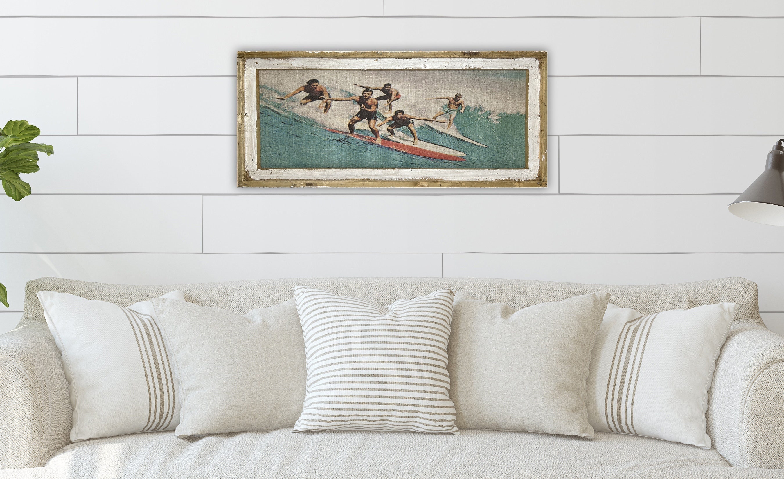 Surfing Wall Art | 16 x 36 | Handmade Wooden Frame | Linen Wall Hanging ...
