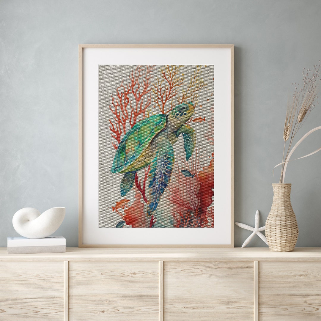 Turtle Linen Art Print | Coastal Decor | Nautical Beach Wall Art ...
