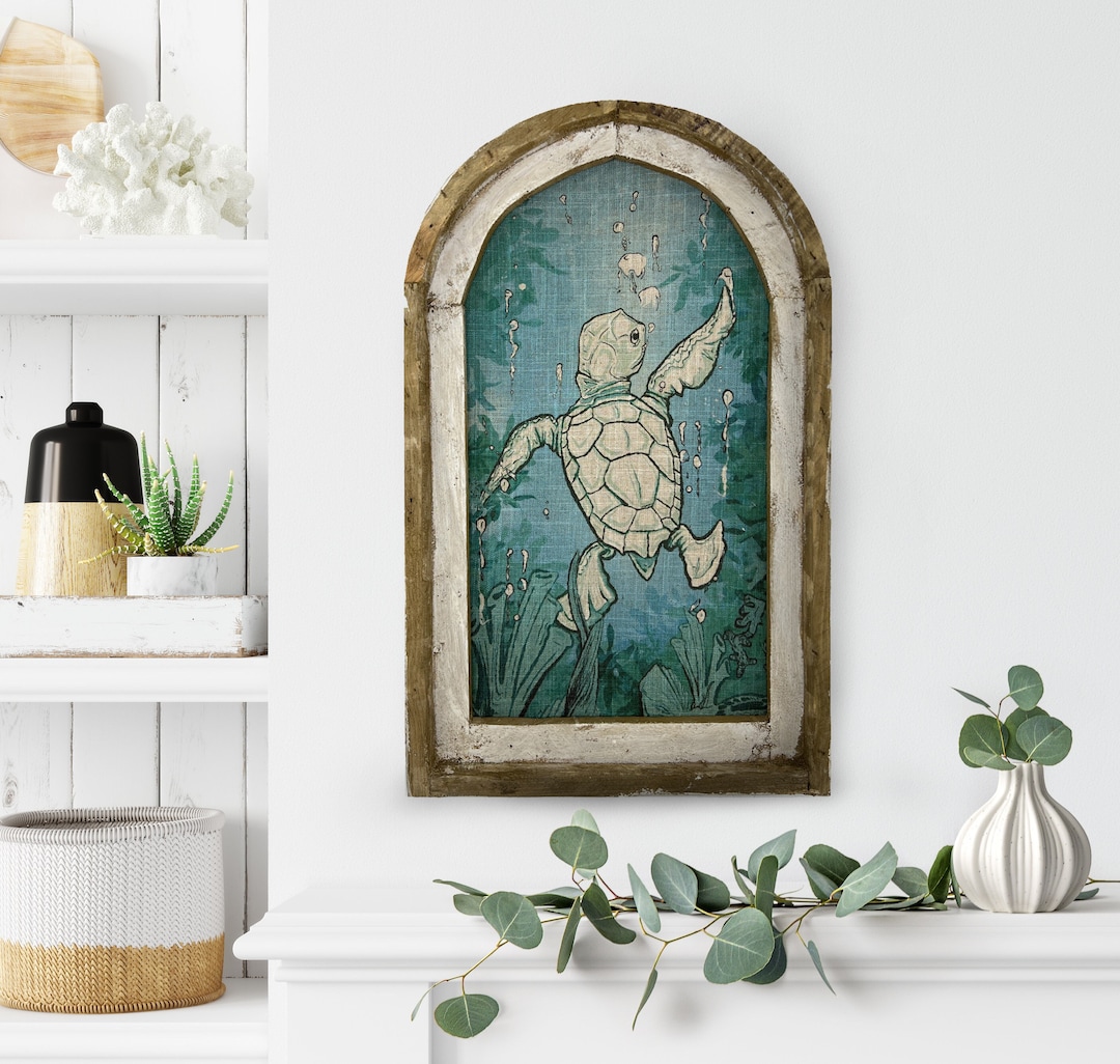 Sea Turtle Wall Art | Coastal Wall Decor | Linen & Distressed Wood Wall ...