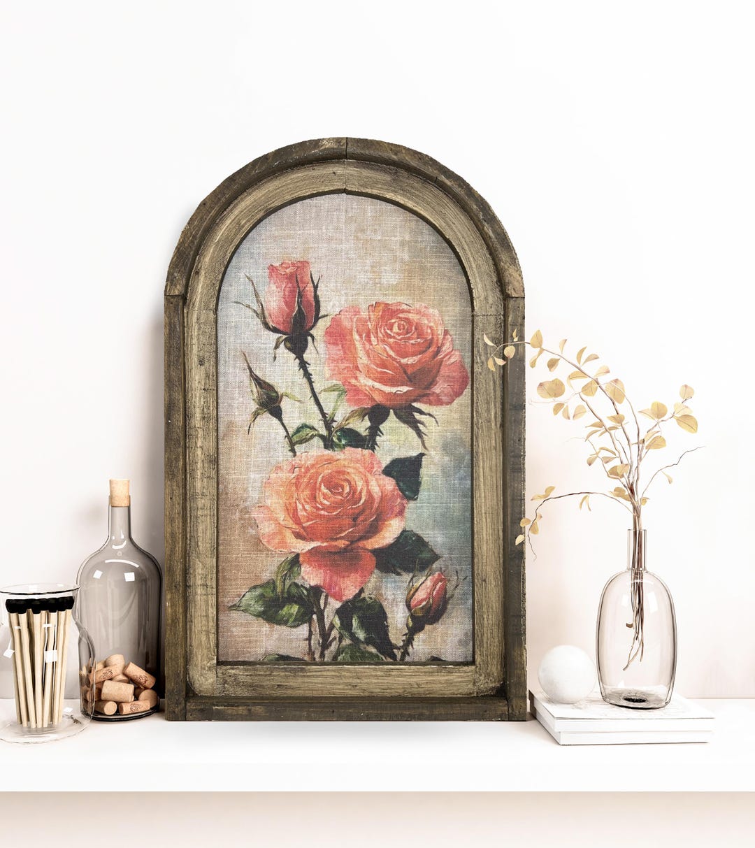 Rose Wall Art in Arched Wood Frame | Farmhouse Botanical Wall Decor ...