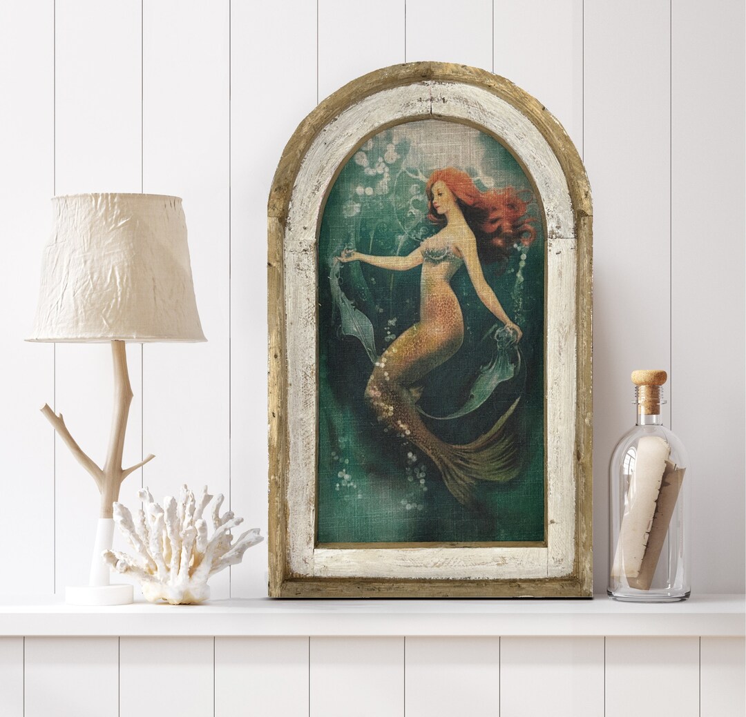 Mermaid Wall Art | Siren Wall Decor | Arch Wooden Frame | Coastal Linen ...