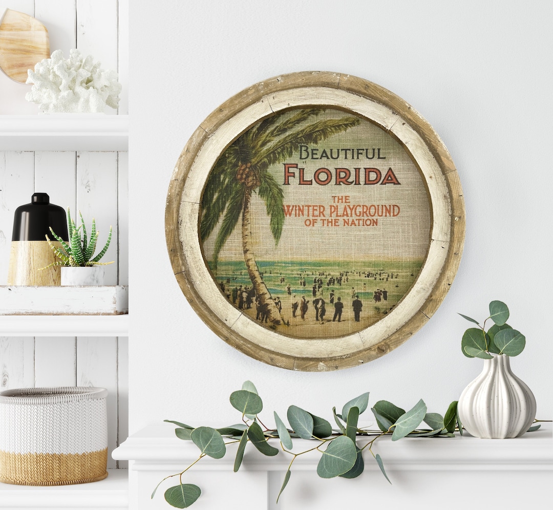 Florida Wall Art | 20" X 20" | Coastal Wall Decor | Linen & Wood Round ...