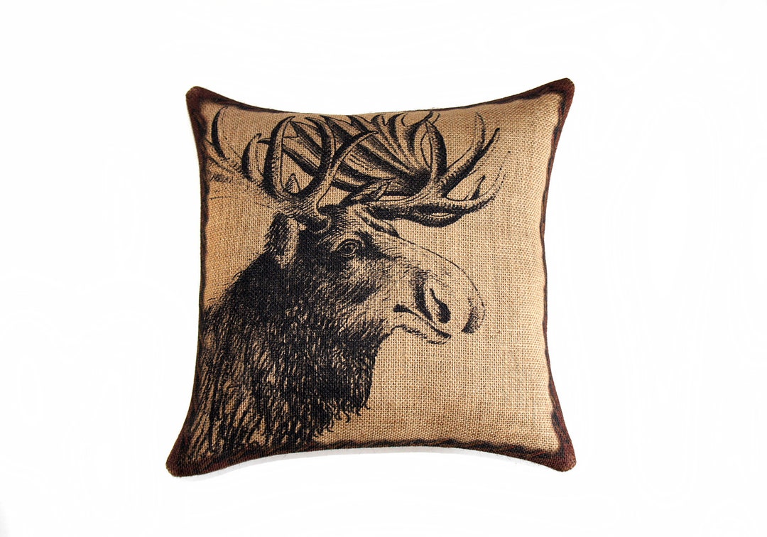Moose Pillow, Burlap Pillow, Throw Pillow, Cushion, Accent Pillow, Log ...