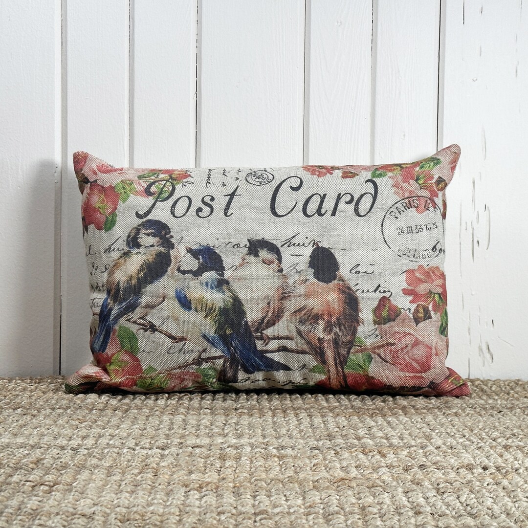 Birds Postcard Throw Pillow | Modern Farmhouse Decor | Shabby Chic ...