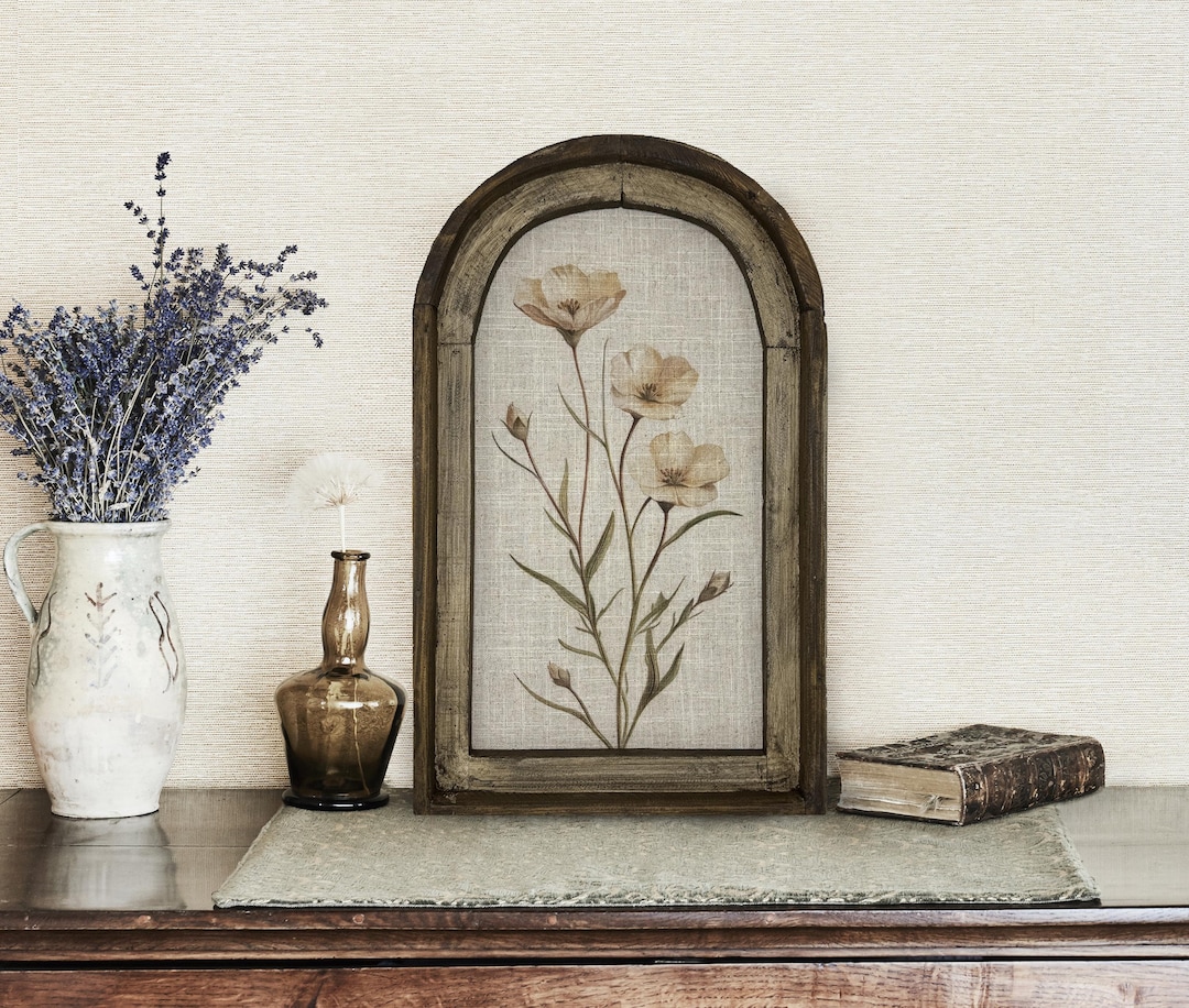 Neutral Botanical Art in Rustic Arched Wood Frame | Farmhouse Wall ...