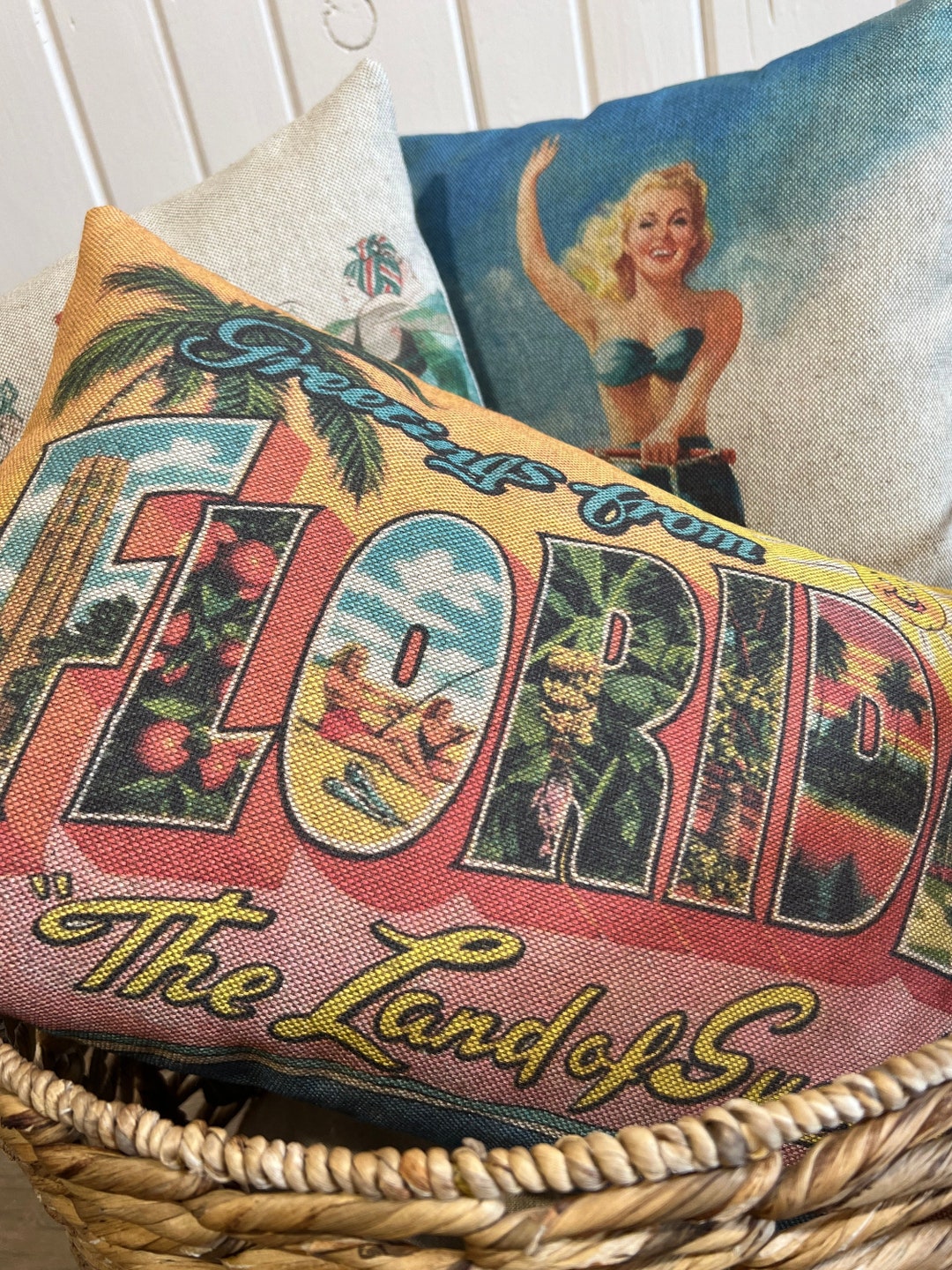 Florida Postcard Pillow | Greetings From Florida Decor | Coastal Throw ...