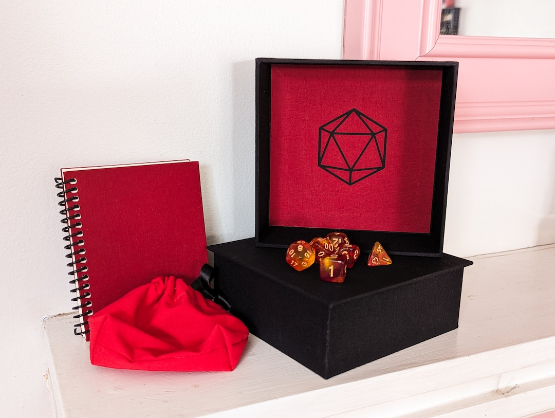 Black and Red Dice Box With D20 Print, Notebook, Set of 7 Dice and ...