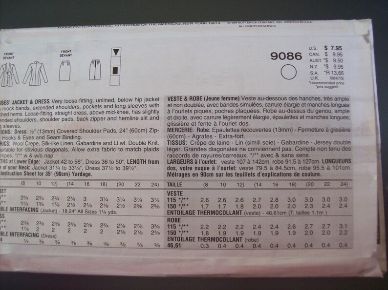 Vogue 9086, Ultra EZ Vogue, Misses Jacket, Misses Dress - Etsy