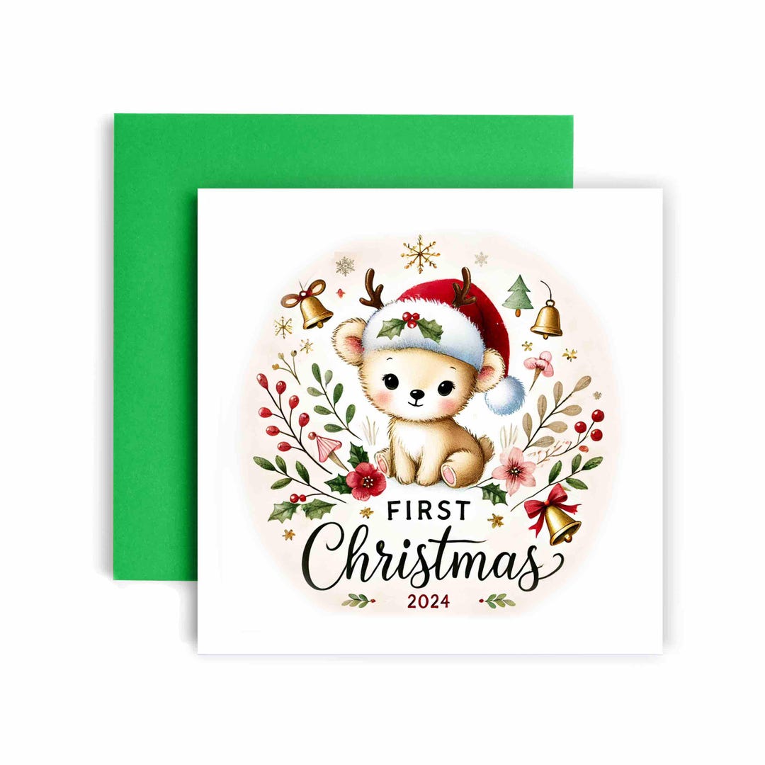 1st Christmas 2024 Baby's First Christmas Card Cute Animal Bear ...