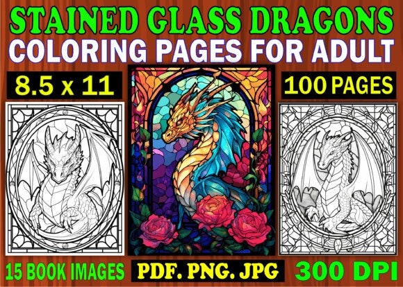 1.100 Stained Glass Dragons Coloring Pages Printable Fantasy Dragon Art ...