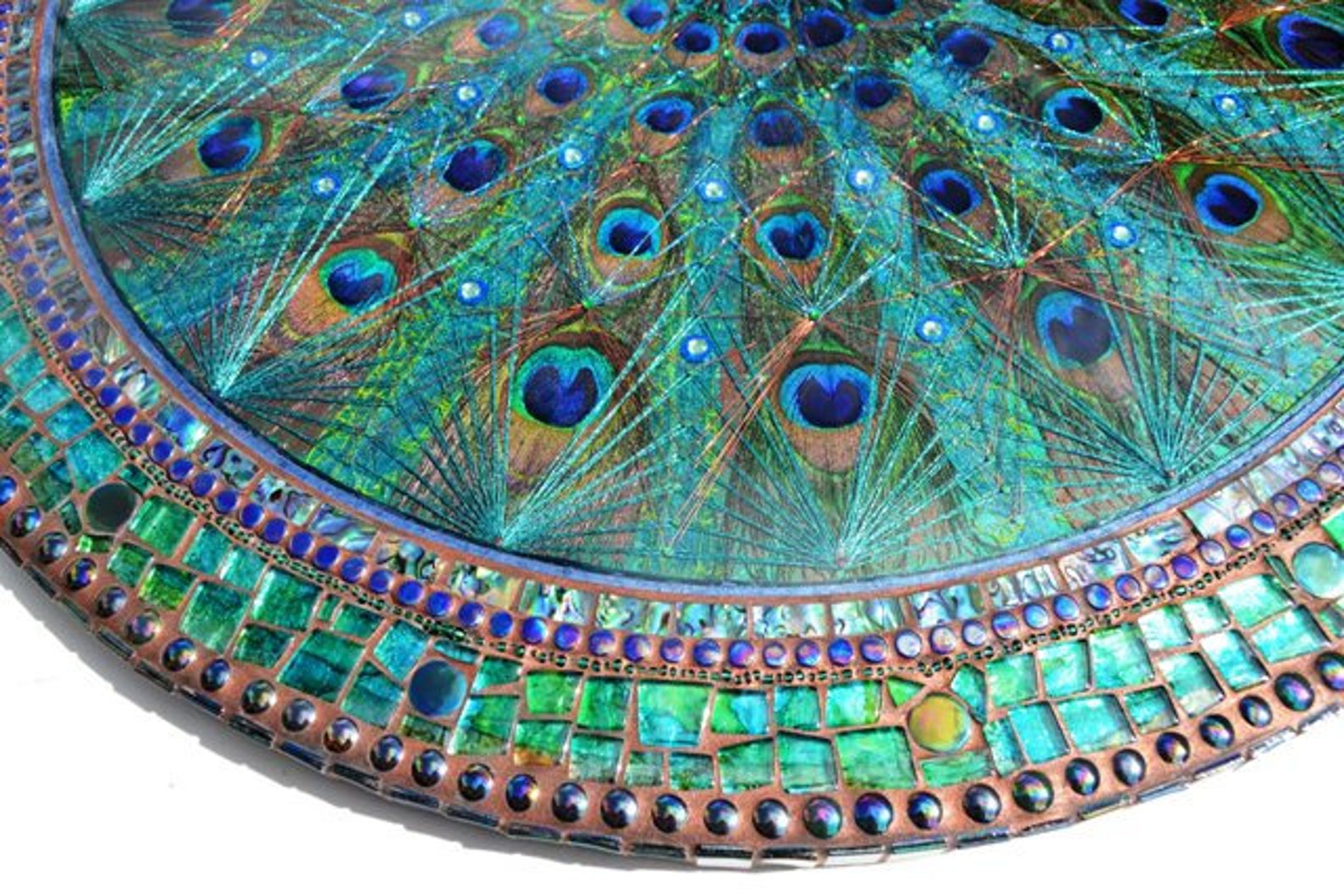 SOLD, Large Peacock Feather Fan Inlay, STRING ART & Paua Shell, Mosaic ...