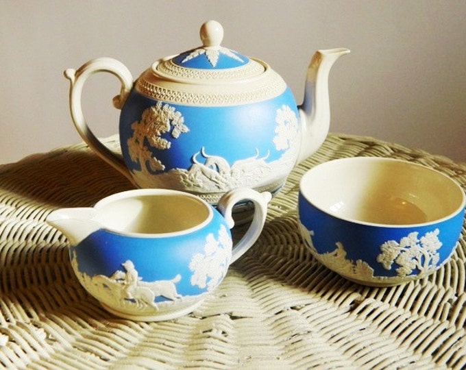 Antique Copeland Spode Blue Jasperware Tea Set Teapot Creamer Bowl ...
