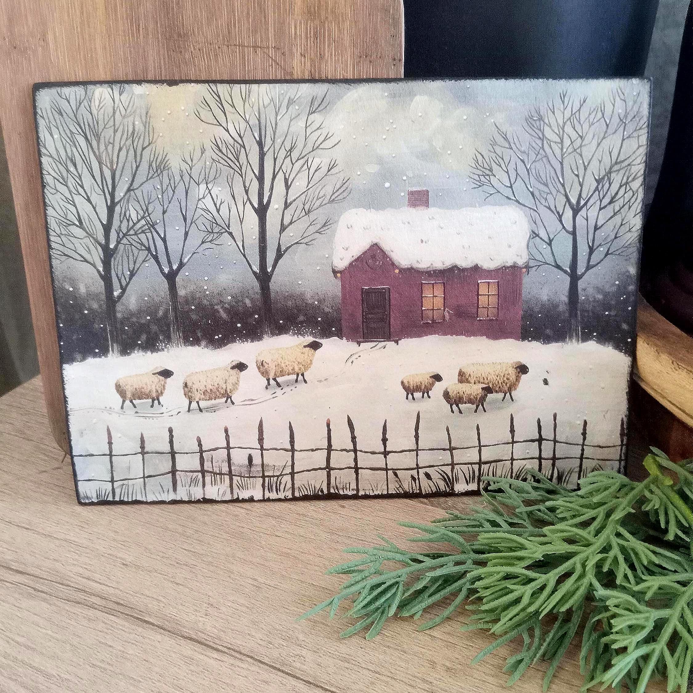Primitive Folk Art Print, Sheep in Snow, Winter Decor, - Etsy