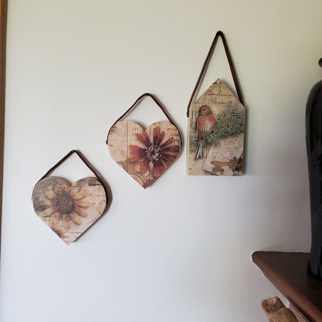 3 Wall Hangings of Solid Wood for Home Decor, 2 With Flowers, and 1 ...