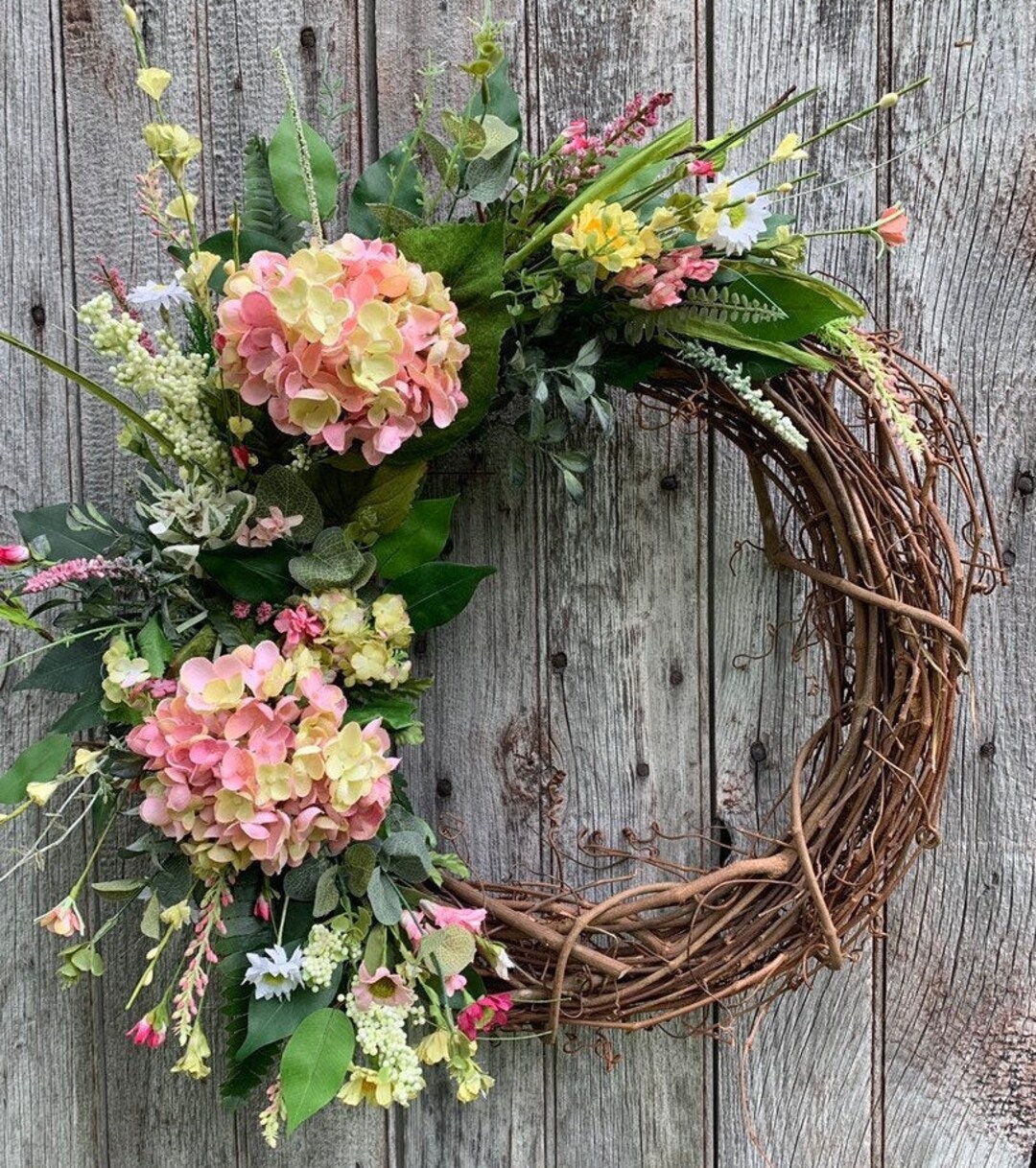 Pink Hydrangea Wreath, Summer Wreath, Wildflower Wreath, All Season ...