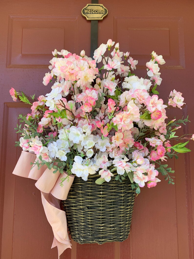 Cherry Blossom Basket Farmhouse Basket Spring Basket Front - Etsy