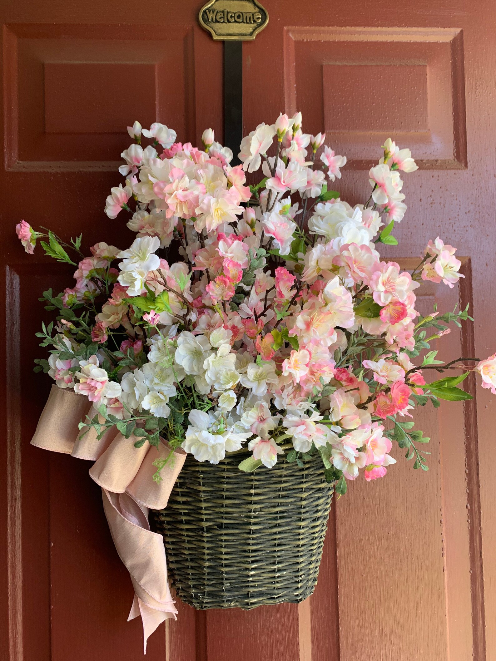 Cherry Blossom Basket Farmhouse Basket Spring Basket Front - Etsy