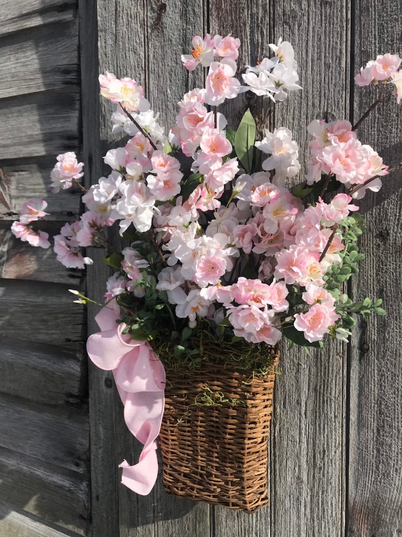 Cherry Blossom Basket Farmhouse Basket Spring Basket Front - Etsy