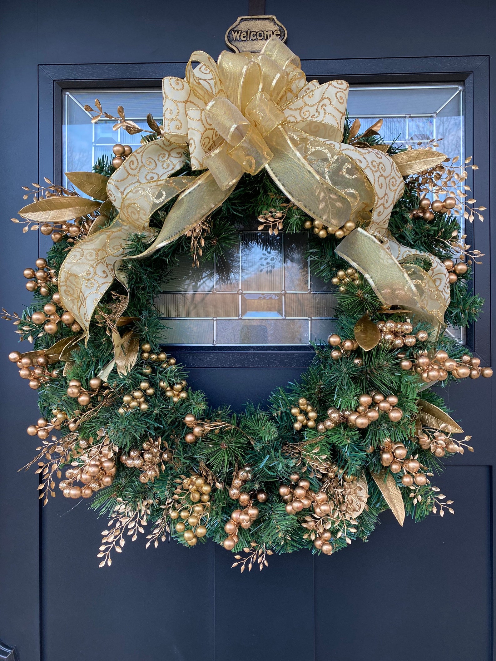 Christmas Wreath, Gold Berry, Gold Leaf Christmas Wreath, Pine Wreath ...