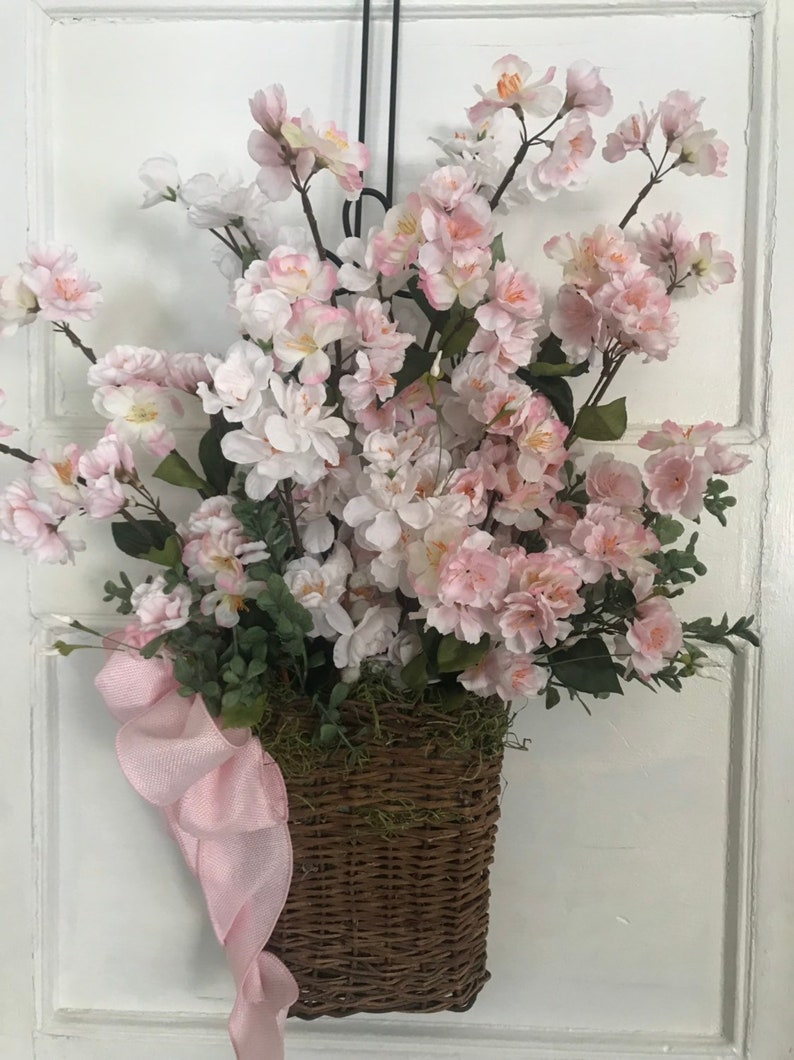 Cherry Blossom Basket Farmhouse Basket Spring Basket Front - Etsy