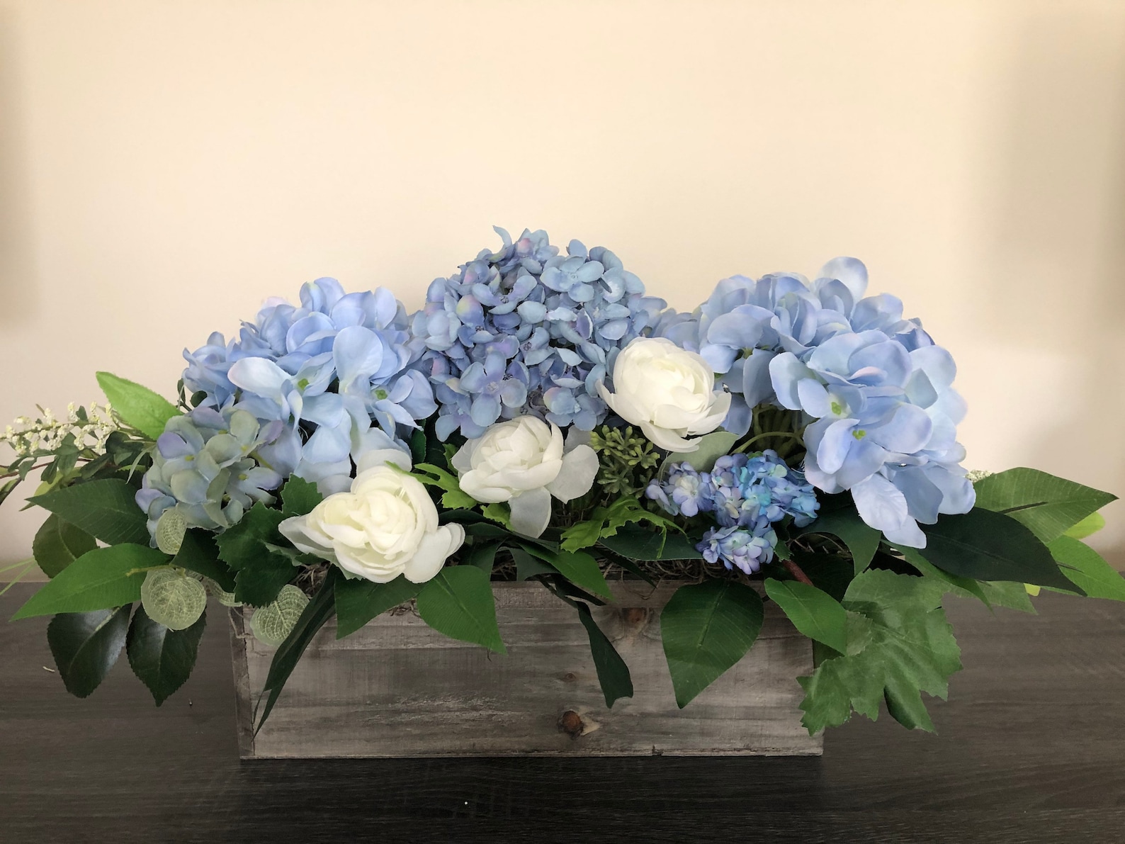 Hydrangea Arrangement Blue Hydrangea Centerpiece Wood Box | Etsy