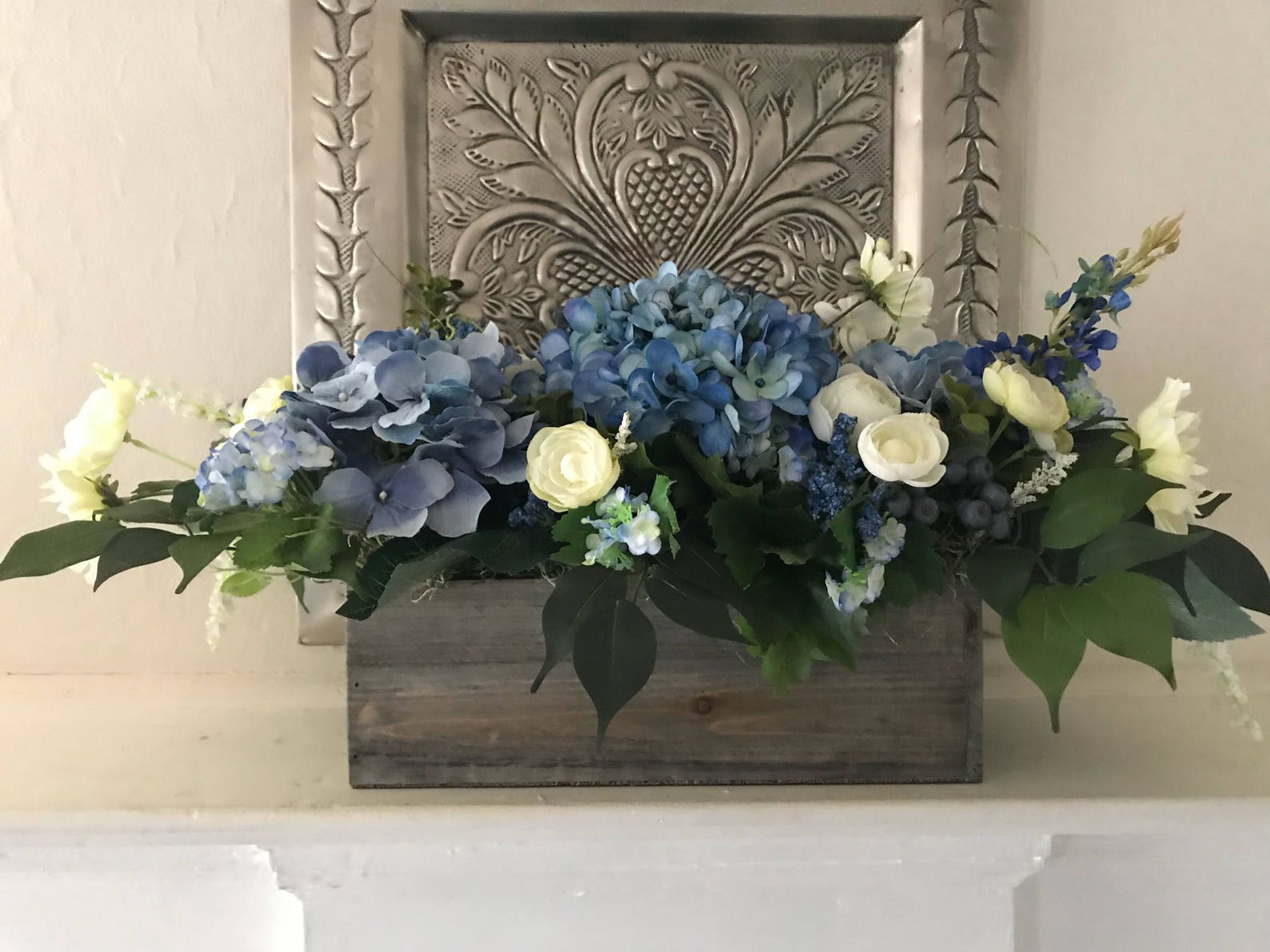 Hydrangea Arrangement, Blue Hydrangea Centerpiece, Wood Box Planter ...