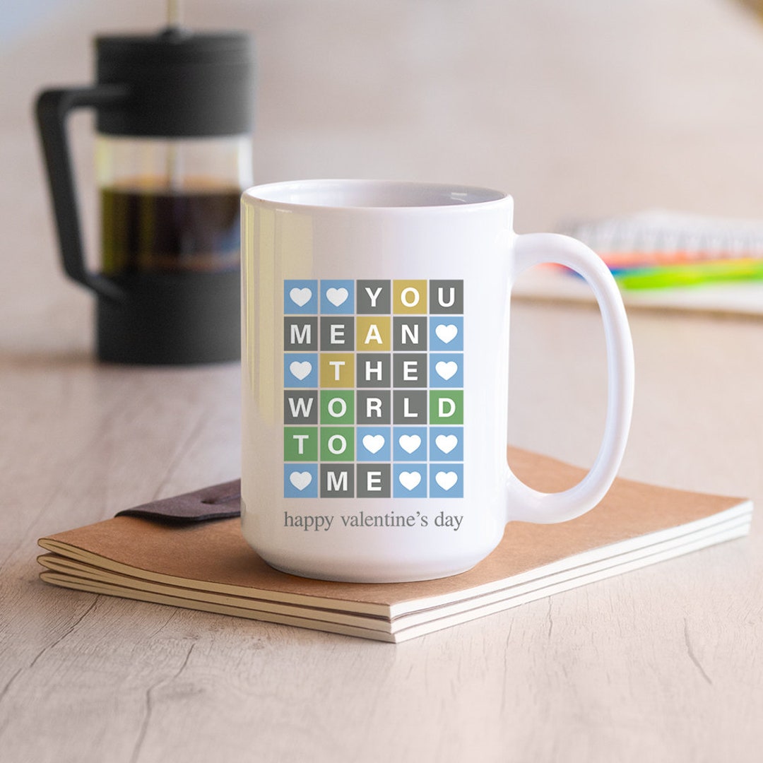 You Mean the World to Me Valentine Mug, Blue Heart Word Puzzle V-day ...