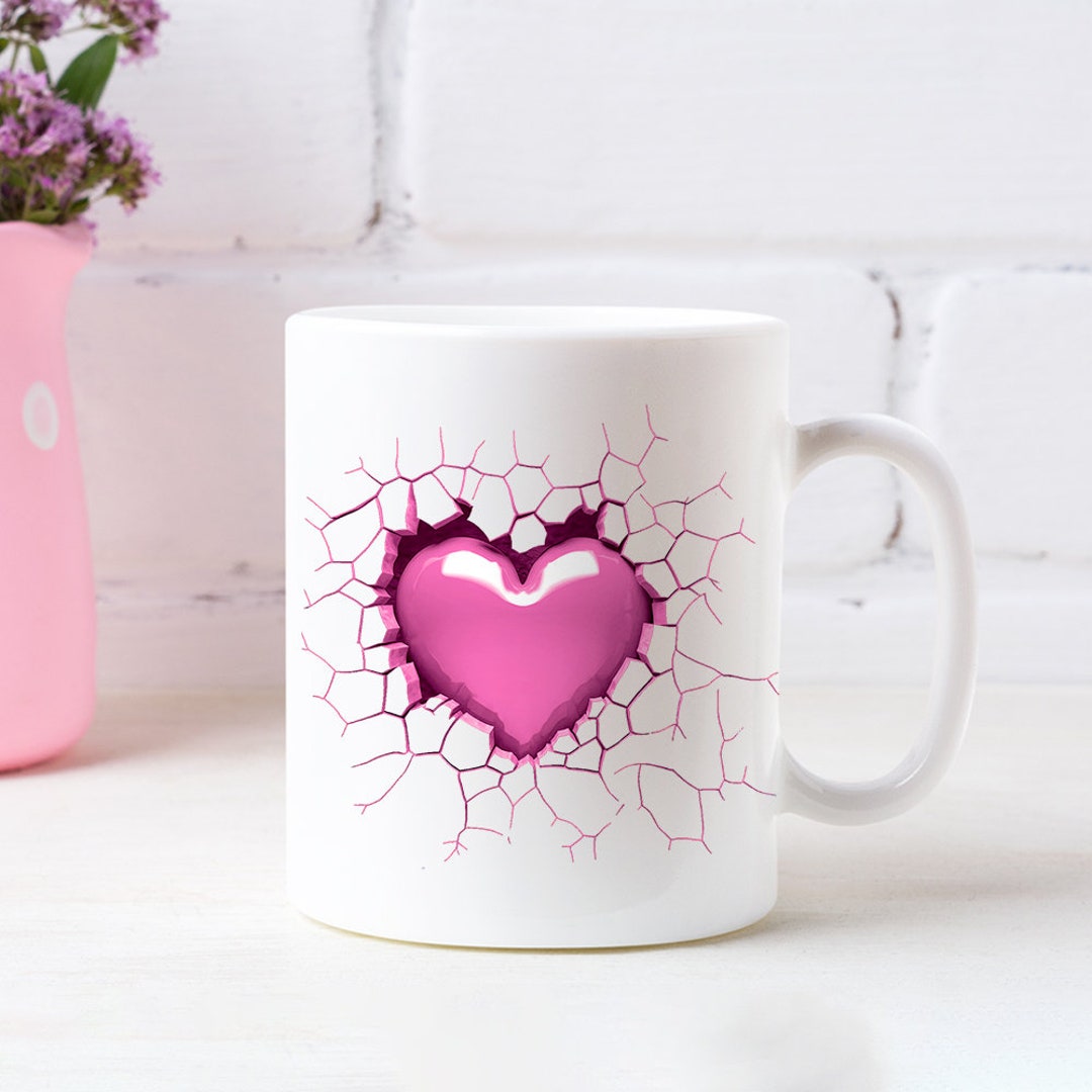 3D Pink Heart Hole in A Wall Mug , Cute Valentine Mug, Heart Mug, Pink ...