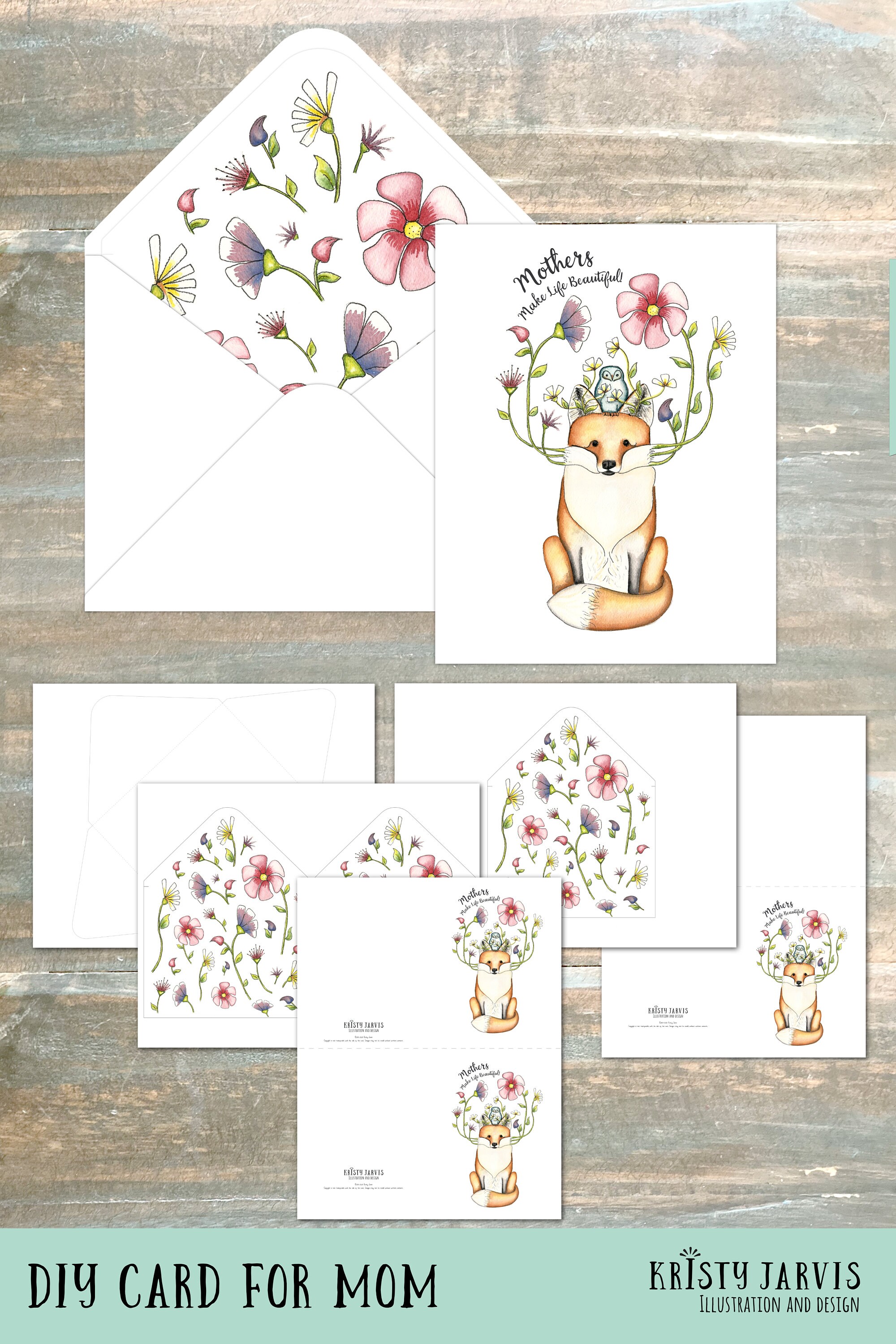 Mother's Day Card DIY Printable Card Watercolor Floral Fox Card for Mom ...