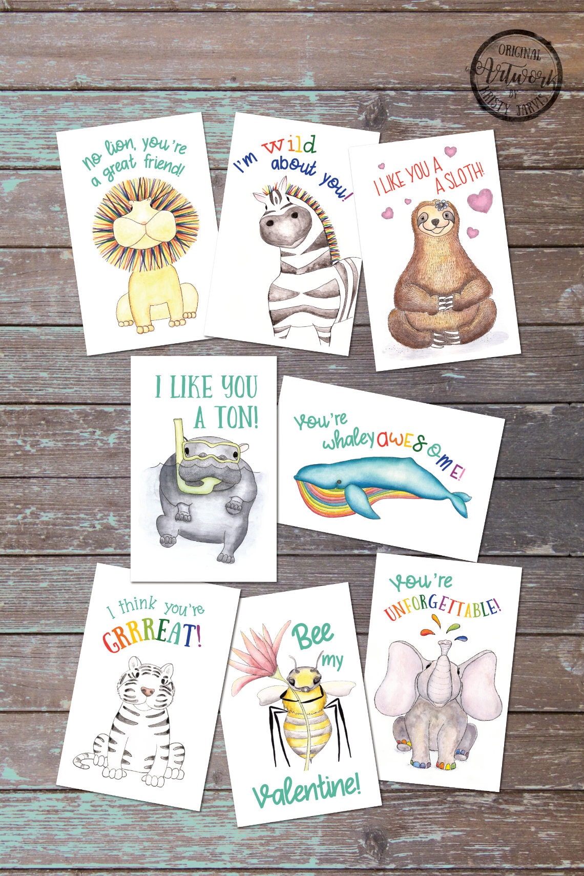 Printable Valentine's Cards for Kids, Whimsical Animal Watercolor ...