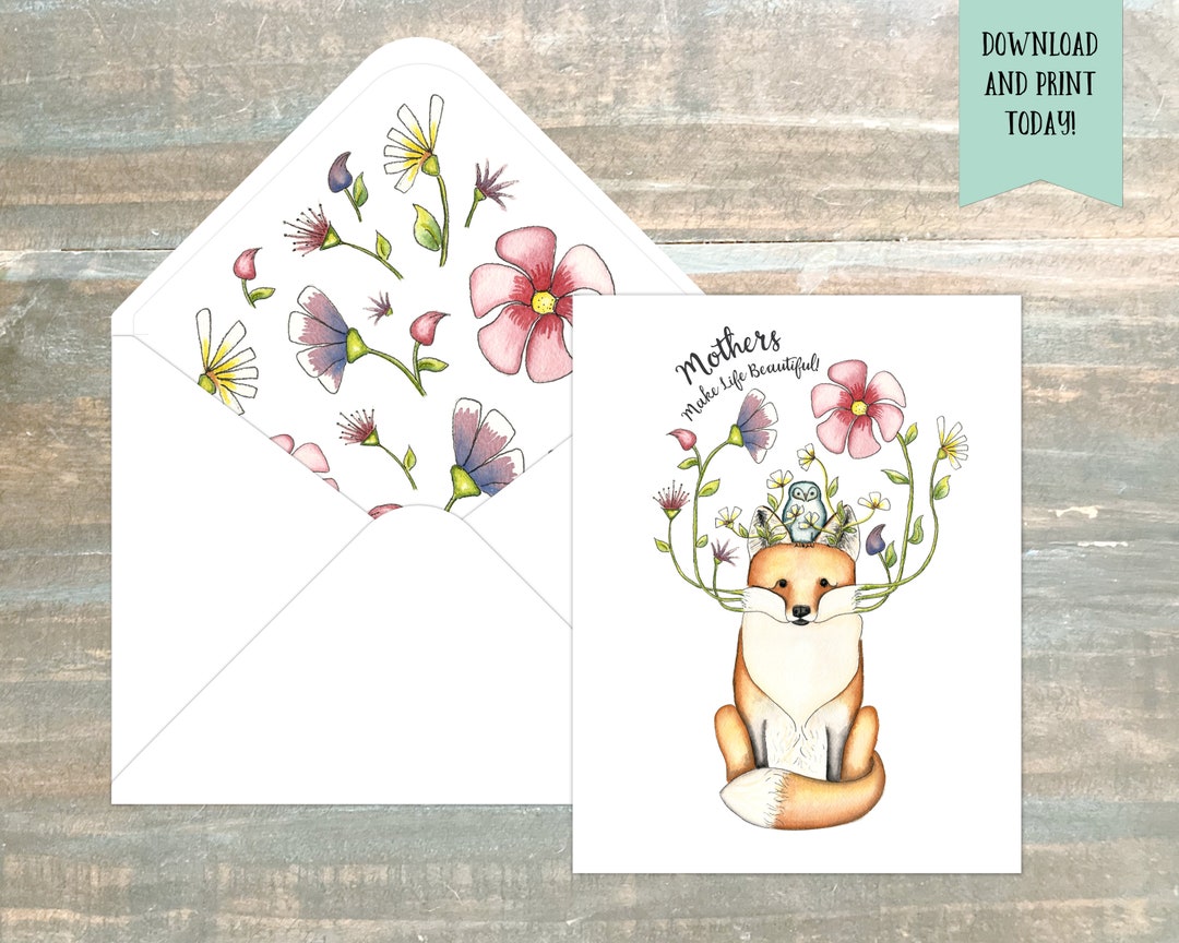 Mother's Day Card - DIY Printable Card - Watercolor Floral Fox Card for ...