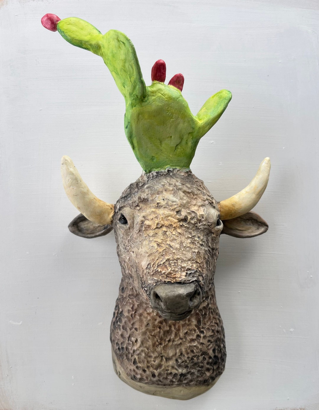 Rustic Buffalo Art - Bison With Prickly Pear Faux Taxidermy - Clay ...