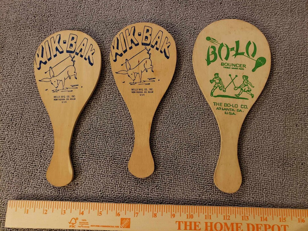Vintage Kid's Toy Ball Paddles (set of 3). "bo-lo Bouncer", "kik-bak ...