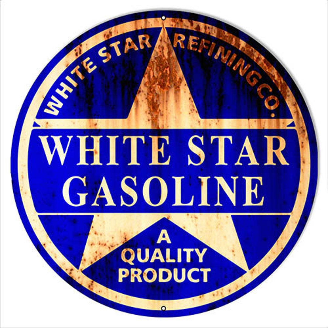 VINTAGE ANTIQUE Style Metal Sign White Star Gasoline 30" Round - Etsy