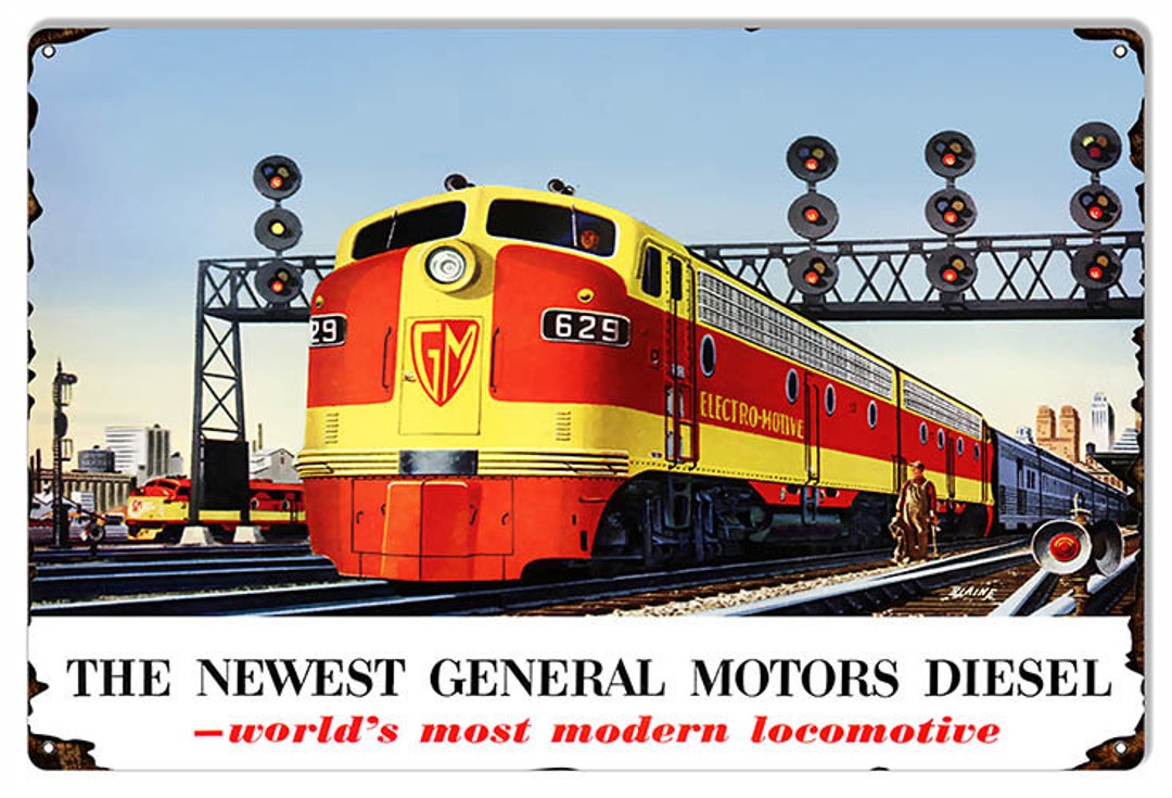 VINTAGE ANTIQUE Style Metal Sign General Motors Diesel Locomotive 16x24 ...