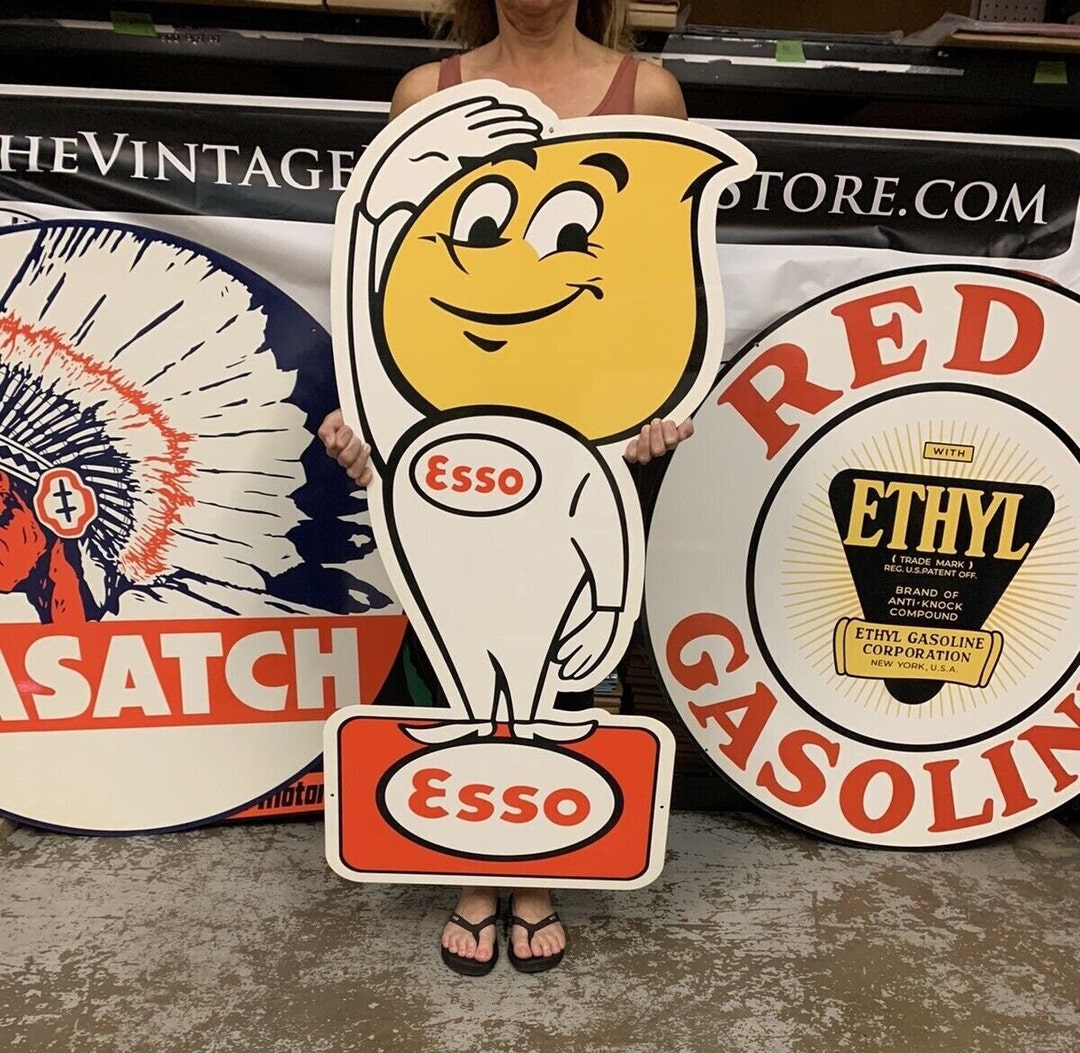 Antique Vintage Old Style Steel Sign Esso Oil Drop Boy NOT Porcelain ...