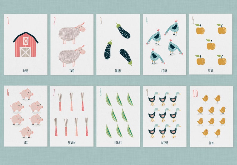 Farm Numbers Flash Cards Animals Numbers Wall Cards English - Etsy