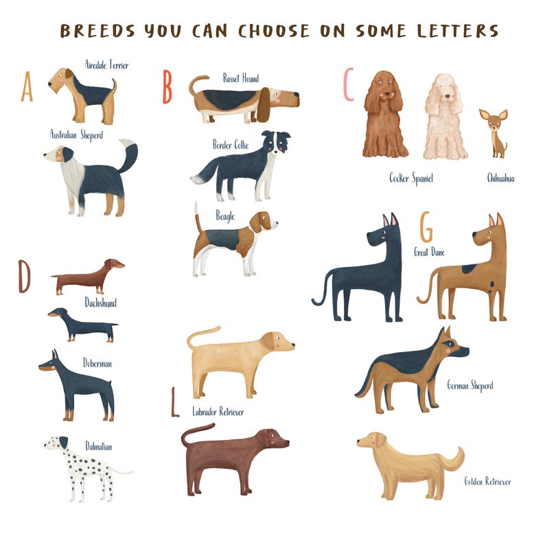 Personalized Dog Breeds Alphabet Poster, Dog Lover Gift (printable PDF ...