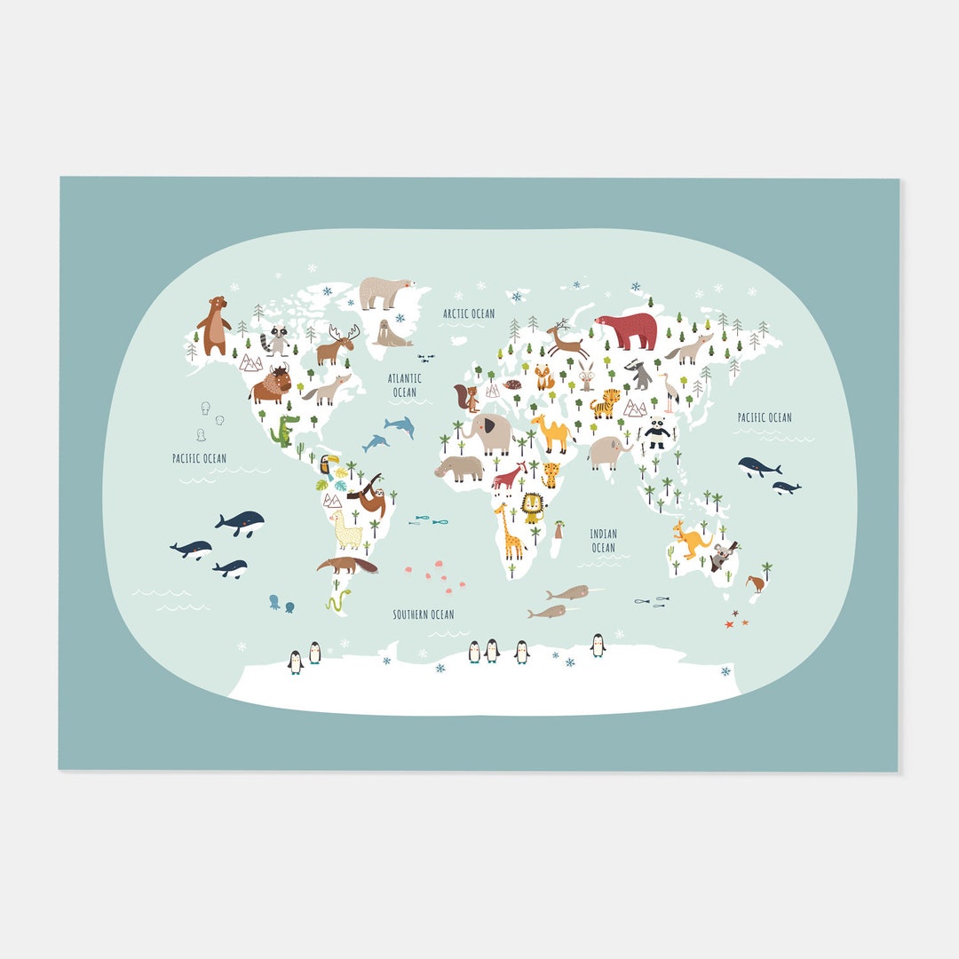 Animal World Map Poster, Kids World Map Printable, Illustrated Map ...