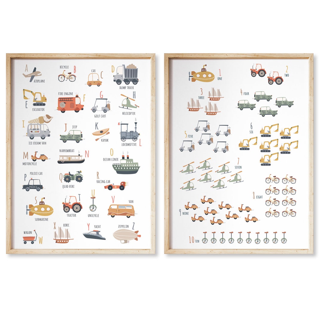 Transport Alphabet and Numbers Set Wall Art, Transportation Alphabet ...