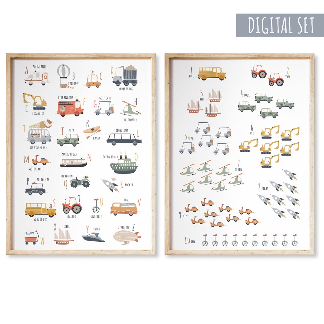 Transport Themed Printable Set, Car Printable Set, ABC and 123 ...