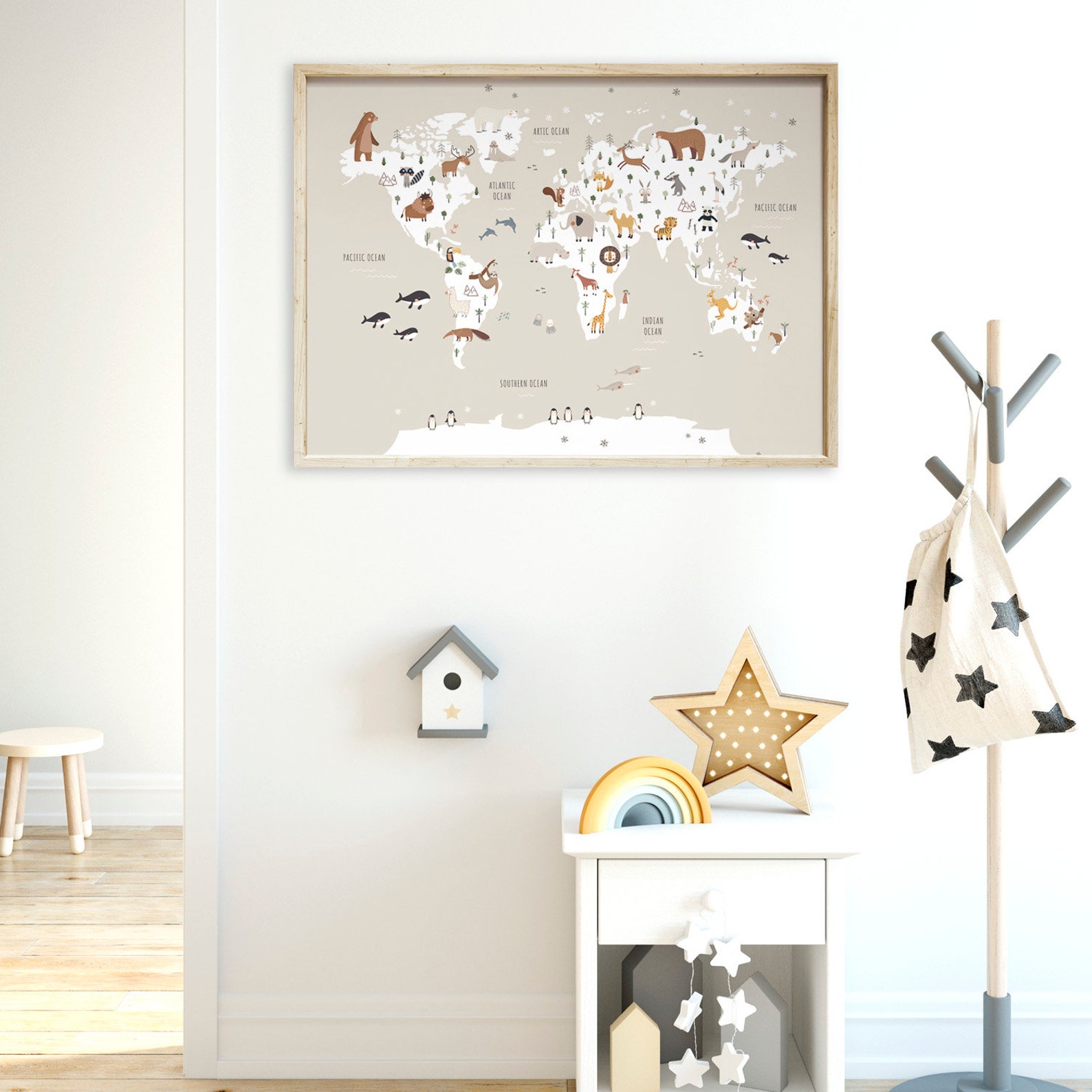 Large World Map With Animals Print for Kids Room Map Wall Art - Etsy